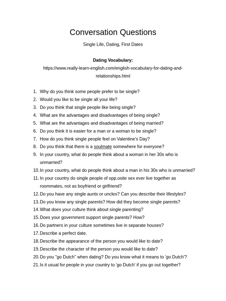 Conversation Questions - Single Life, Dating, First Dates | PDF