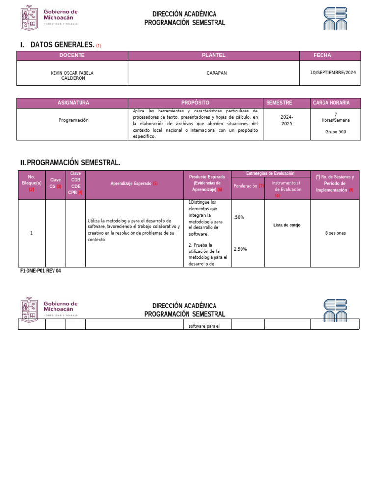 FORMATO PROGRAMACION SEMESTRAL ESCOLARIZADO PROGRAMACIÓN 2024-2025 501 | PDF