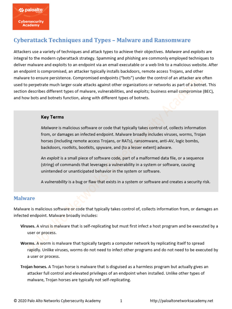 Palo Alto Networks Cybersecurity Academy - Cyberattack Techniques and Types - Malware and ...