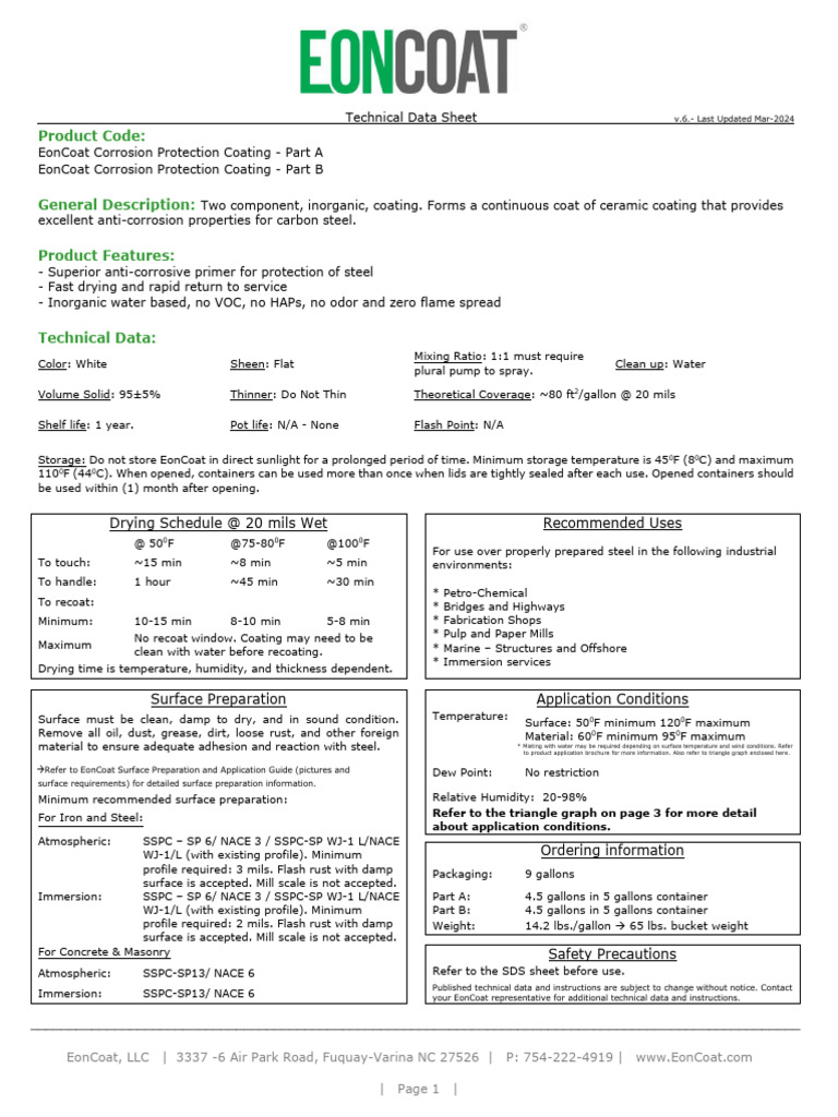 EonCoat Corrosion Protection Tech Data Sheet 03182024 | PDF