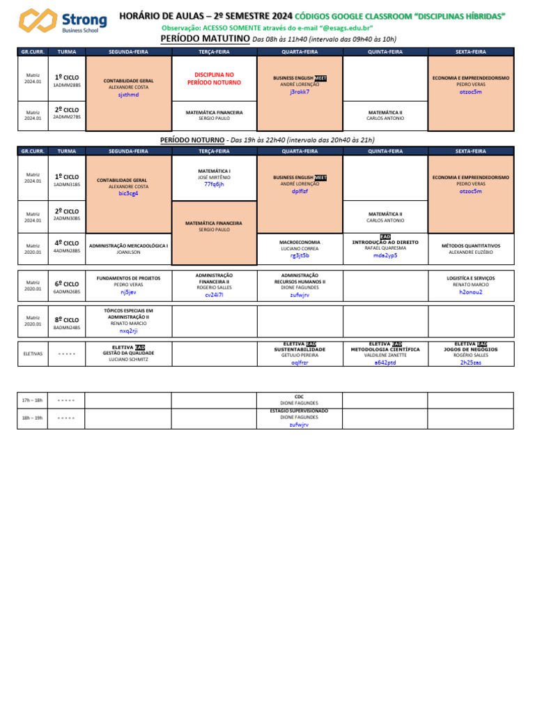 Horário 2024-2 Códigos - Google Classroom Disciplinas Híbridas | PDF