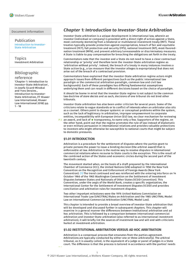 Lectura #2 - Chapter 1 - Introduction To Investor-State Arbitration | PDF | Arbitration | Law