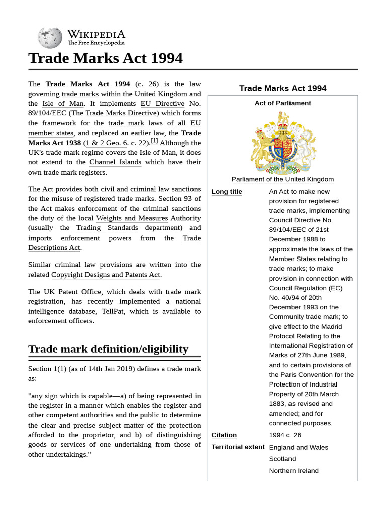 Trade Marks Act 1994 | PDF