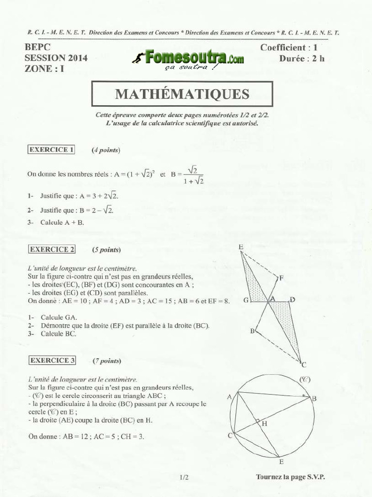 BEPC Epreuve de Maths Zone 1 2014 | PDF