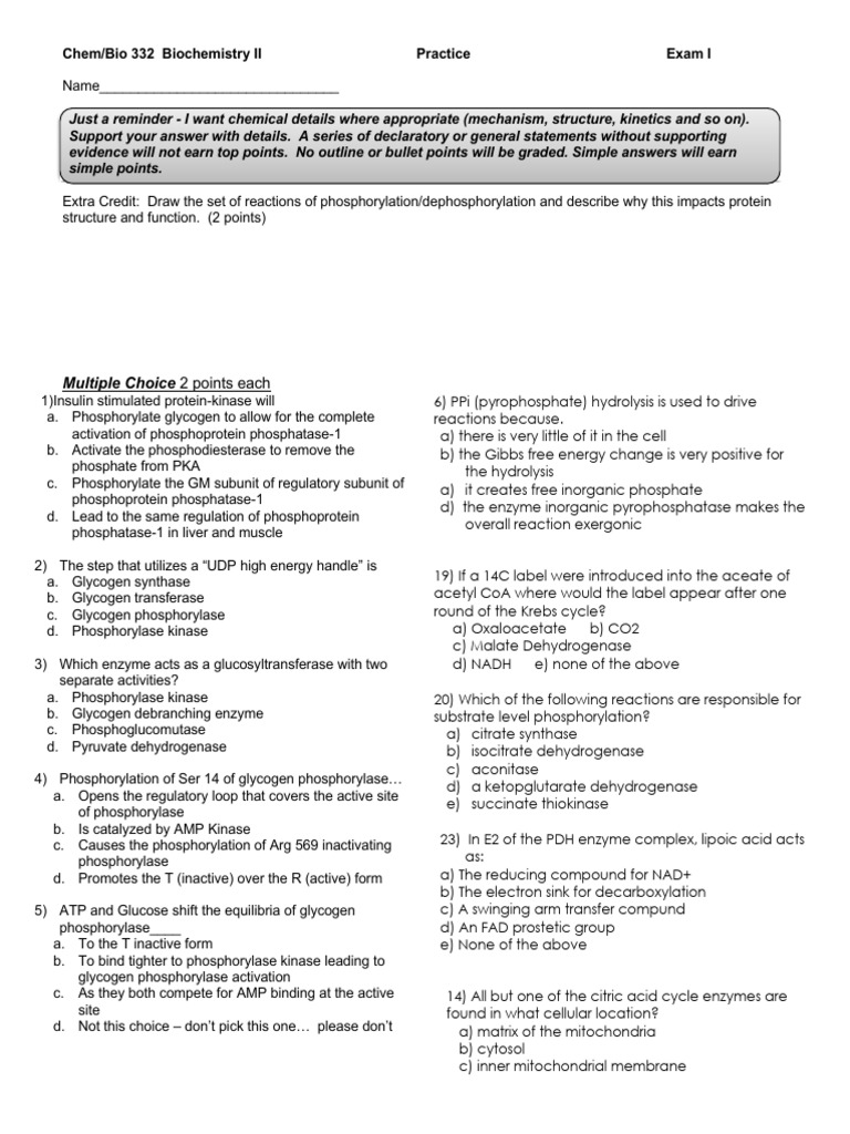 Biochem II Exam I Practice | PDF