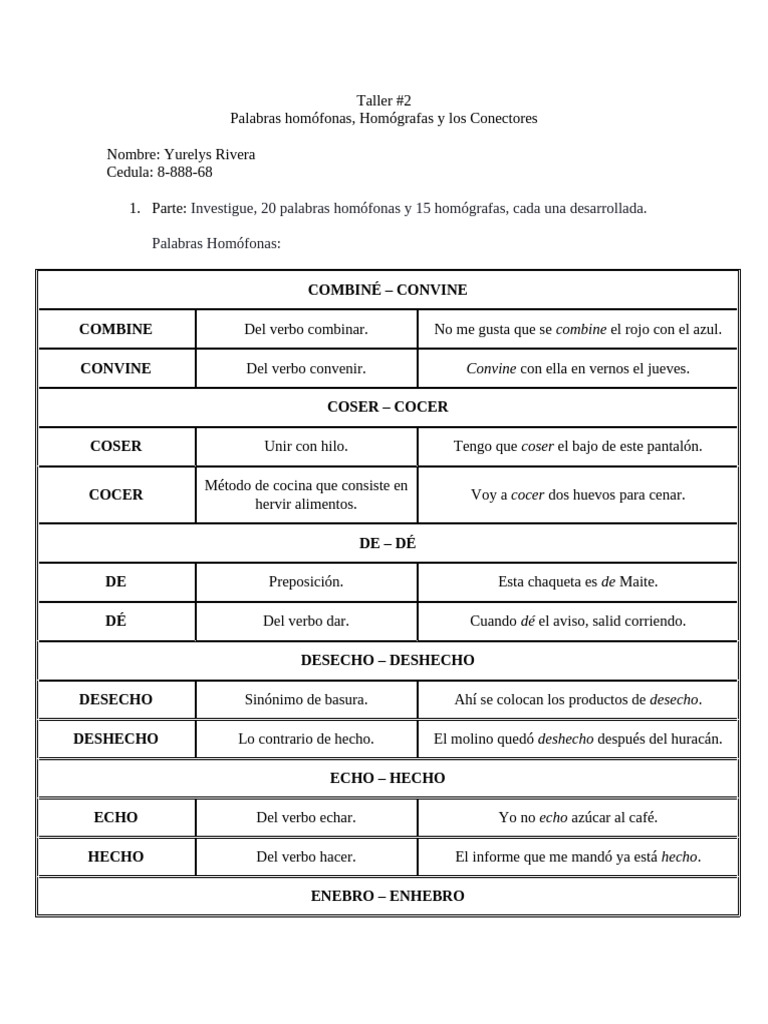 Taller #2 Palabras Homofonas, Homografas y Conectores | PDF