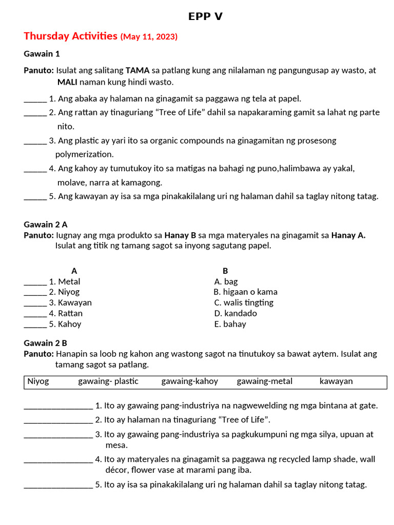 EPP V Week 1 Activities and Performance Output | PDF