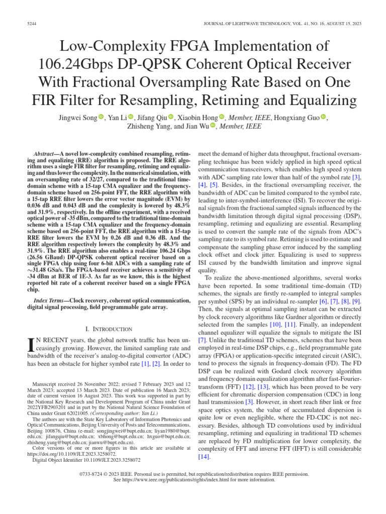 Low-Complexity FPGA Implementation of 106.24Gbps DP-QPSK Coherent Optical Receiver With ...