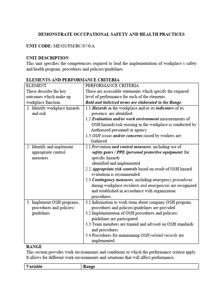 Demonstrate Occupational Safety and Health Practices | PDF
