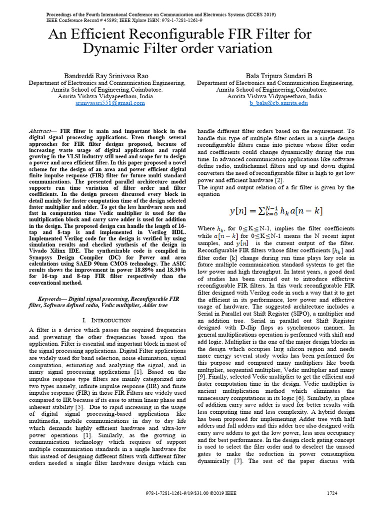 An Efficient Reconfigurable FIR Filter For Dynamic Filter Order Variation | PDF