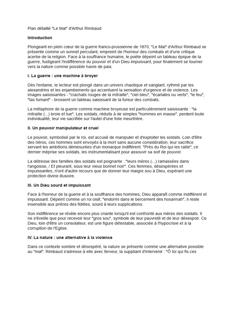Plan Détaillé - Le Mal - D'arthur Rimbaud | PDF
