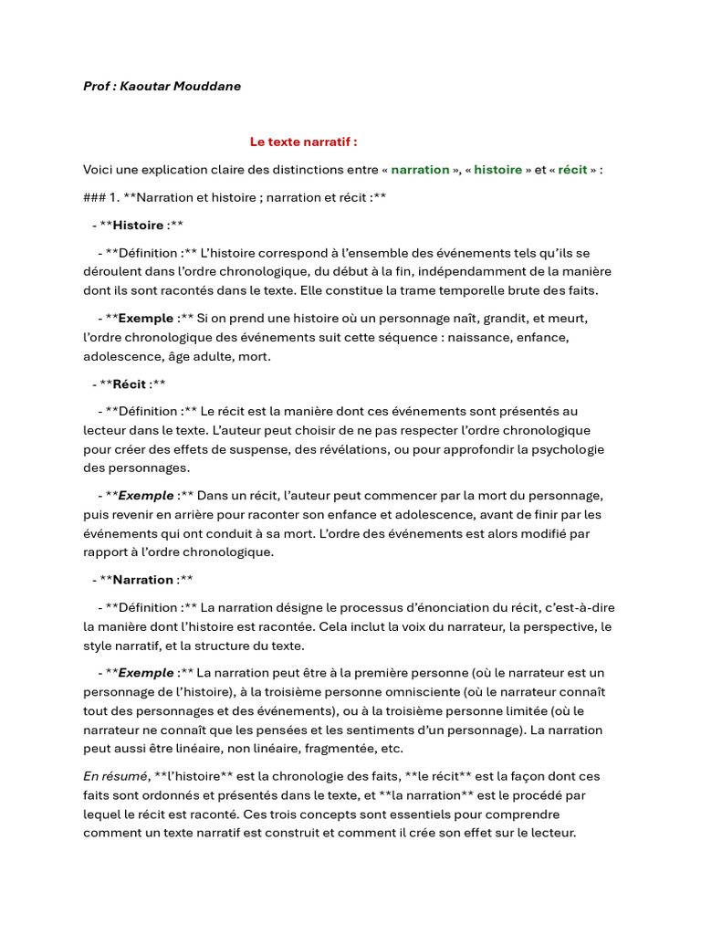 Le Texte Narratif (Narratologie) | PDF