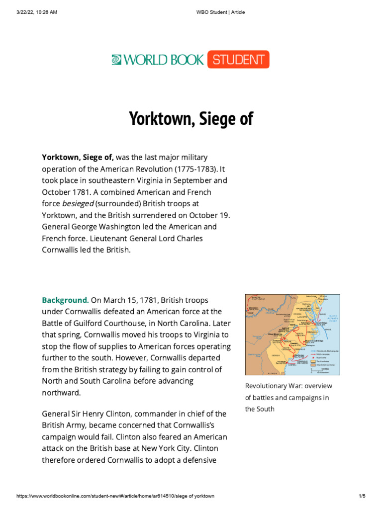WBO Student Article Siege of Yorktown With Added Questions | PDF