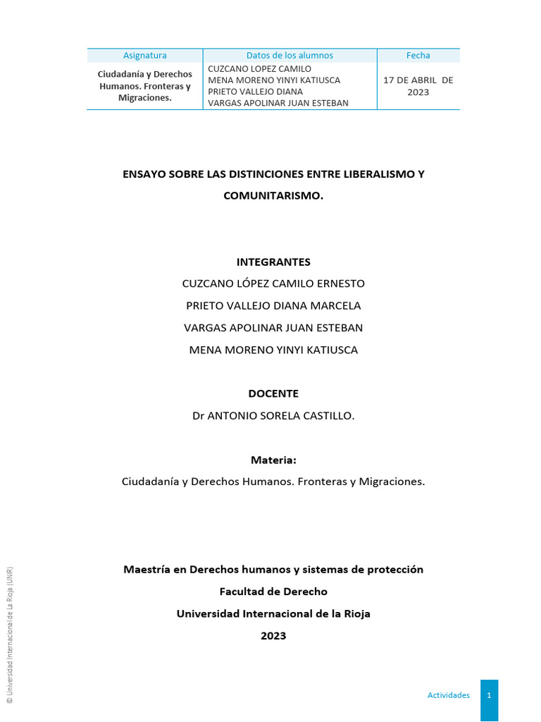 COMUNITARISMO Y LIBERALISMO trabajo 17 de abril | PDF
