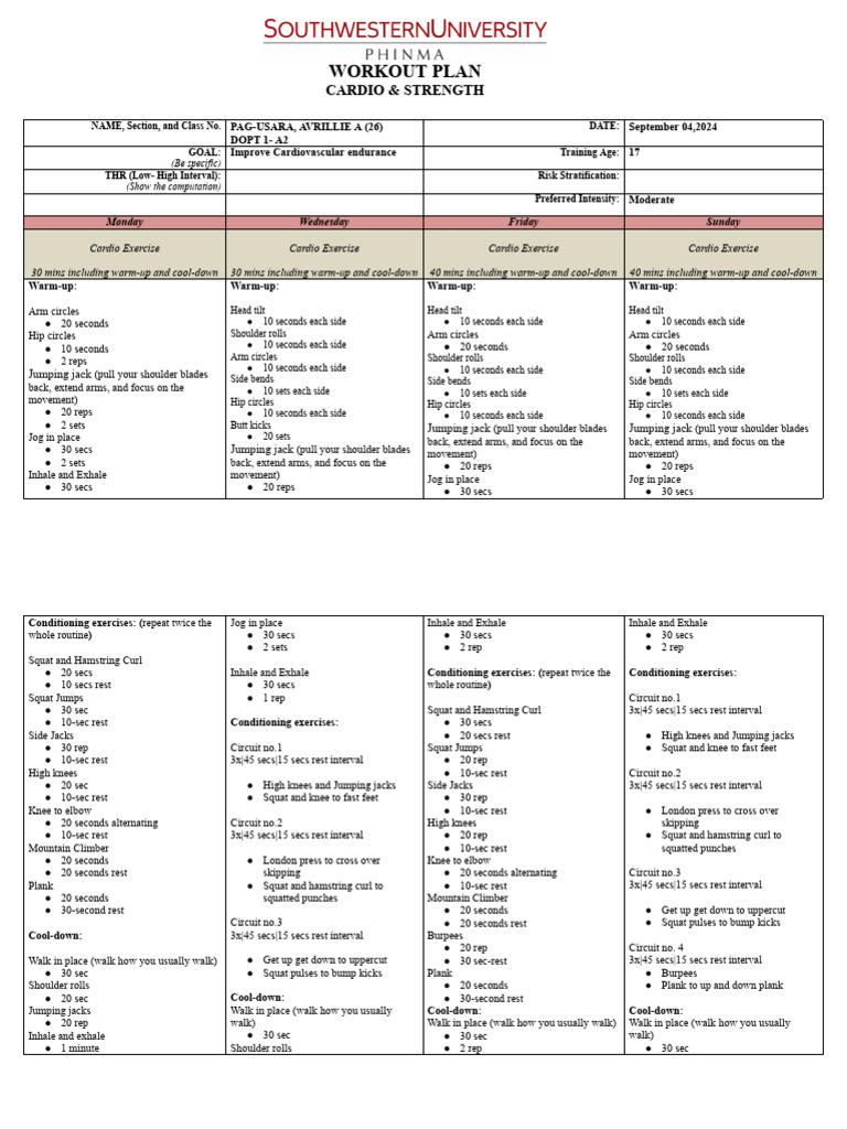 Sample Template For Workout Plan 1 | PDF
