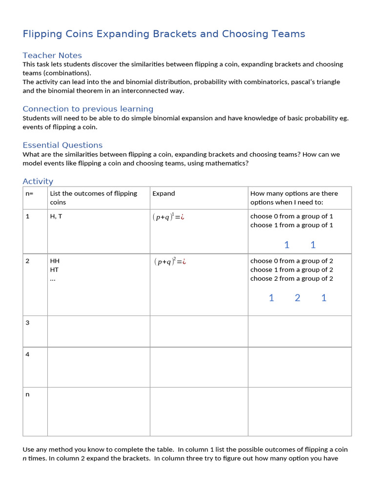 Flipping coins expanding bracktes and choosing teams | PDF