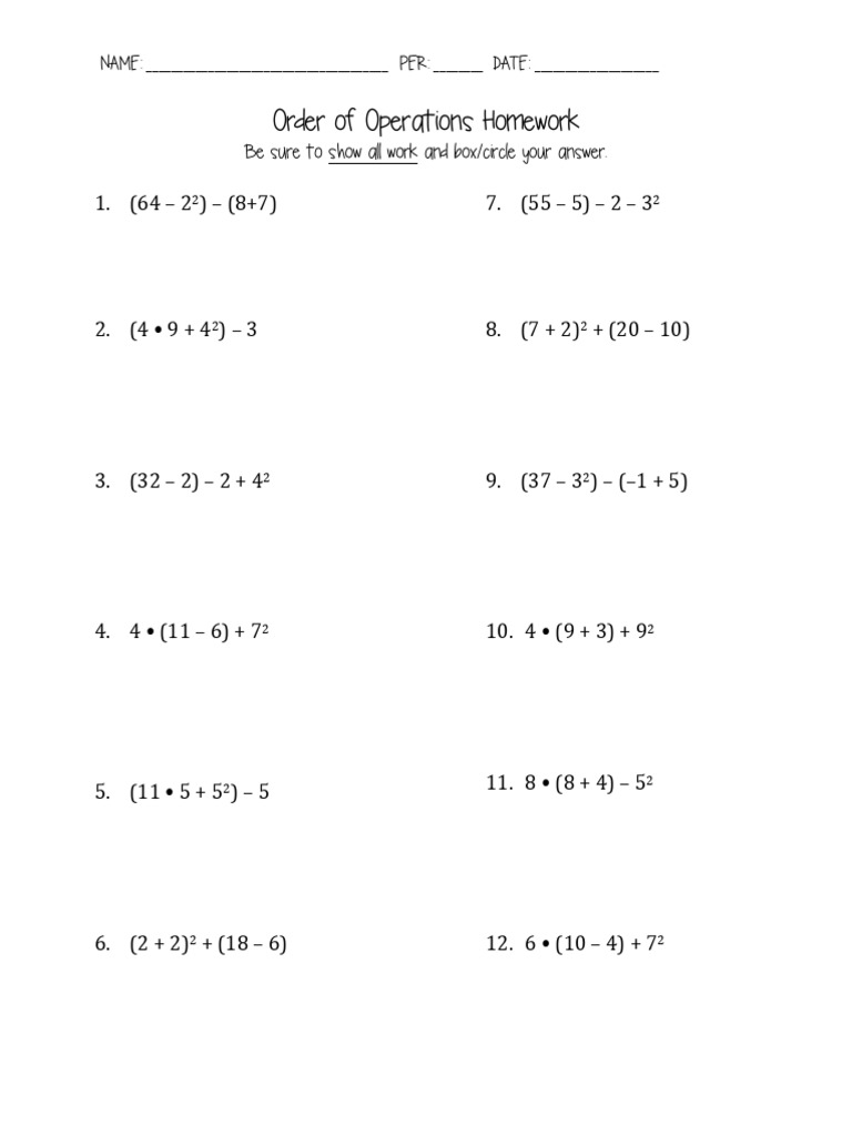 Order of Operations Homework: Name: Per: Date | PDF