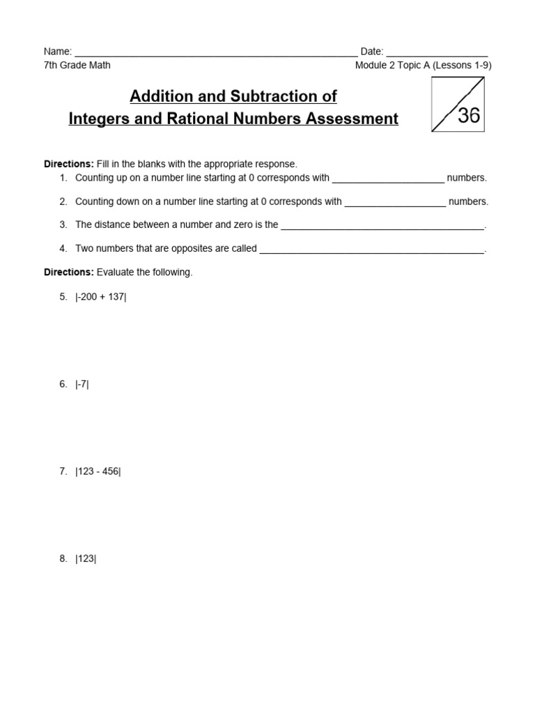 Addition And Subtraction Of Integers And Rational Numbers Assessment Pdf