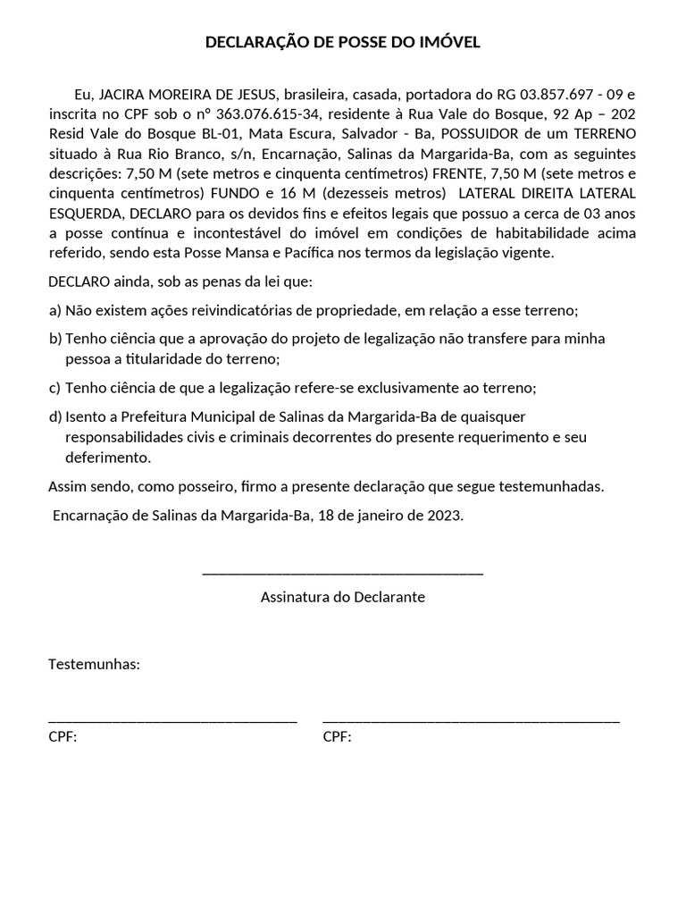 Declaração De Posse Do Imóvel Pdf
