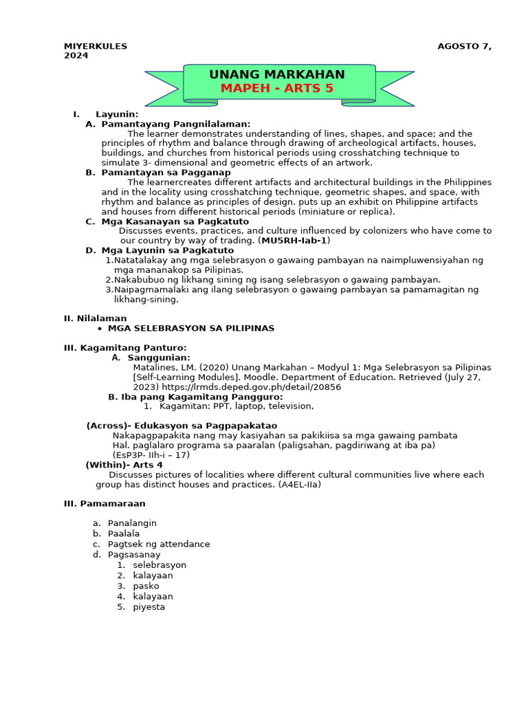 Unang Markahan: Mapeh - Arts 5 | PDF