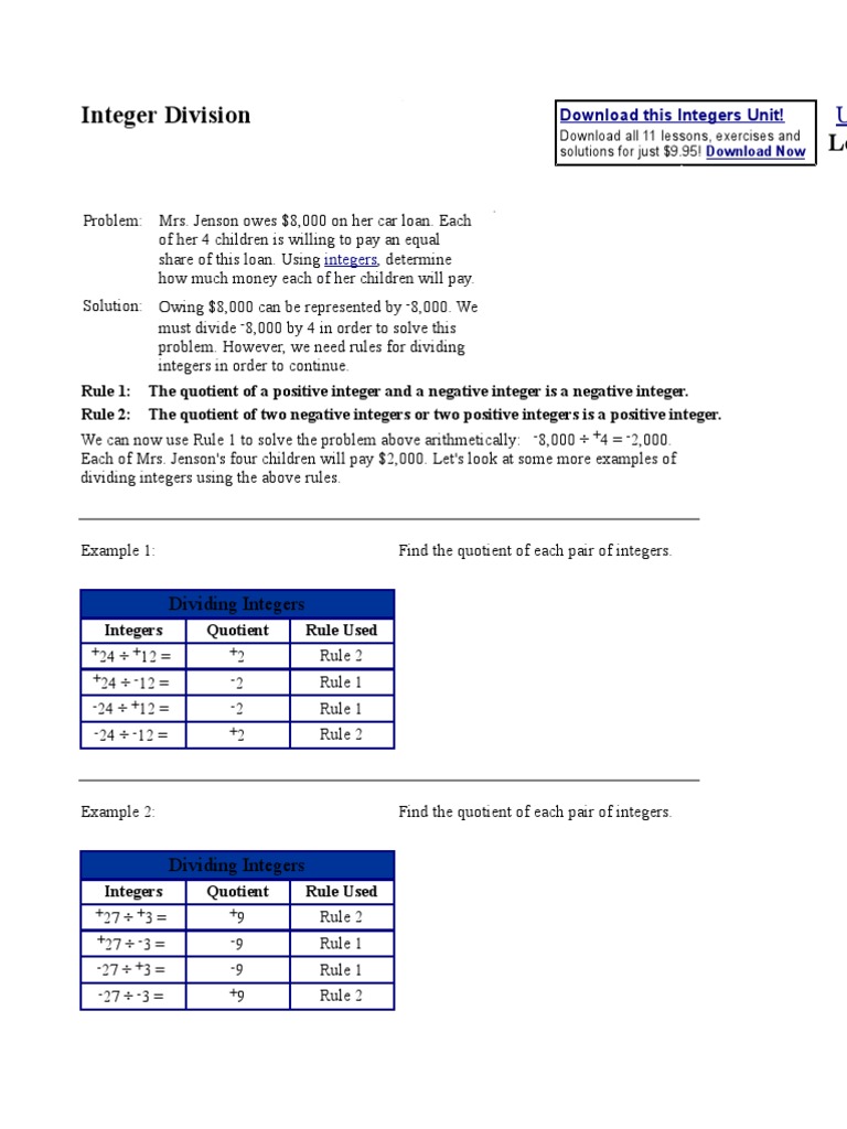 Integer Division Rules and Examples | PDF