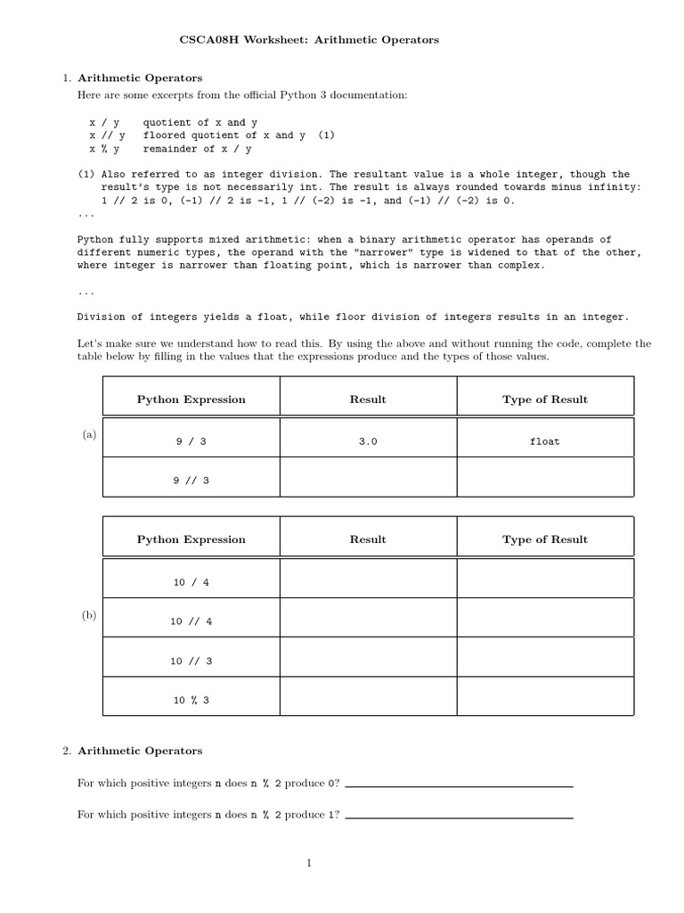 1-Arithmetic Operators Worksheet | PDF