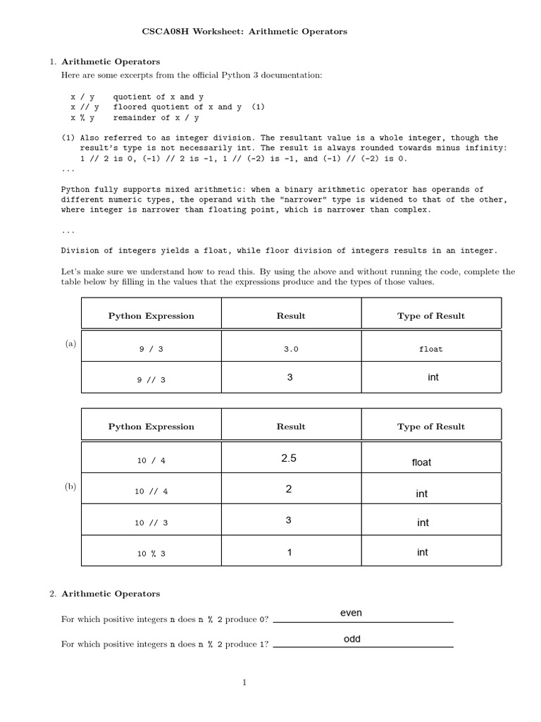 1-Arithmetic Operators Worksheet Solutions | PDF