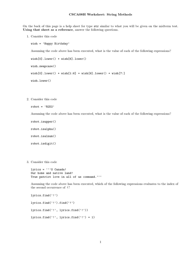 1-Str Methods Worksheet | PDF