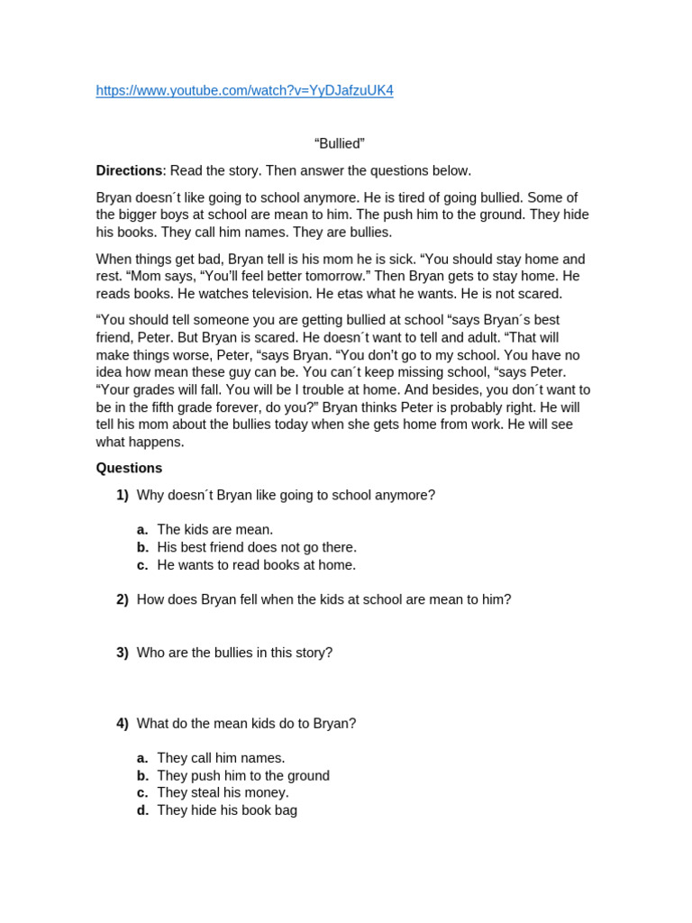 Reading Comprehension Be Bullied | PDF