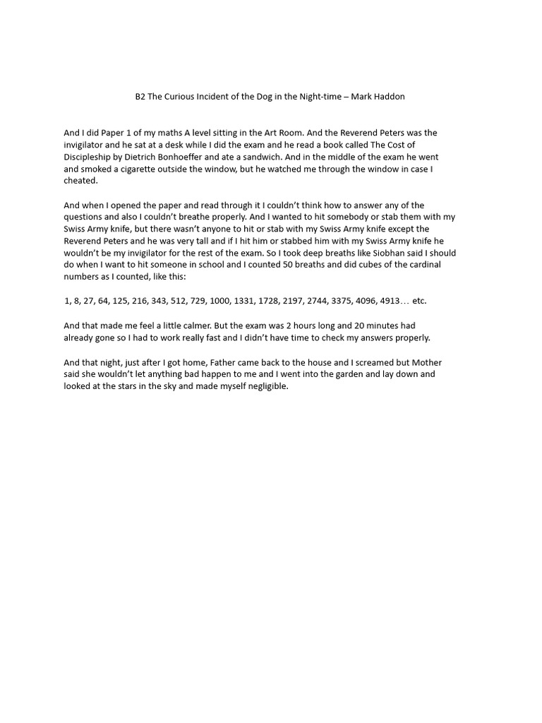 B2 The Curious Incident of the Dog in the Night Time IO extract practice | PDF