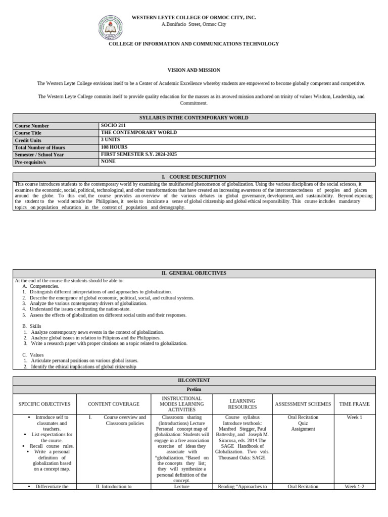 Syllabus in The Contemporary World | PDF