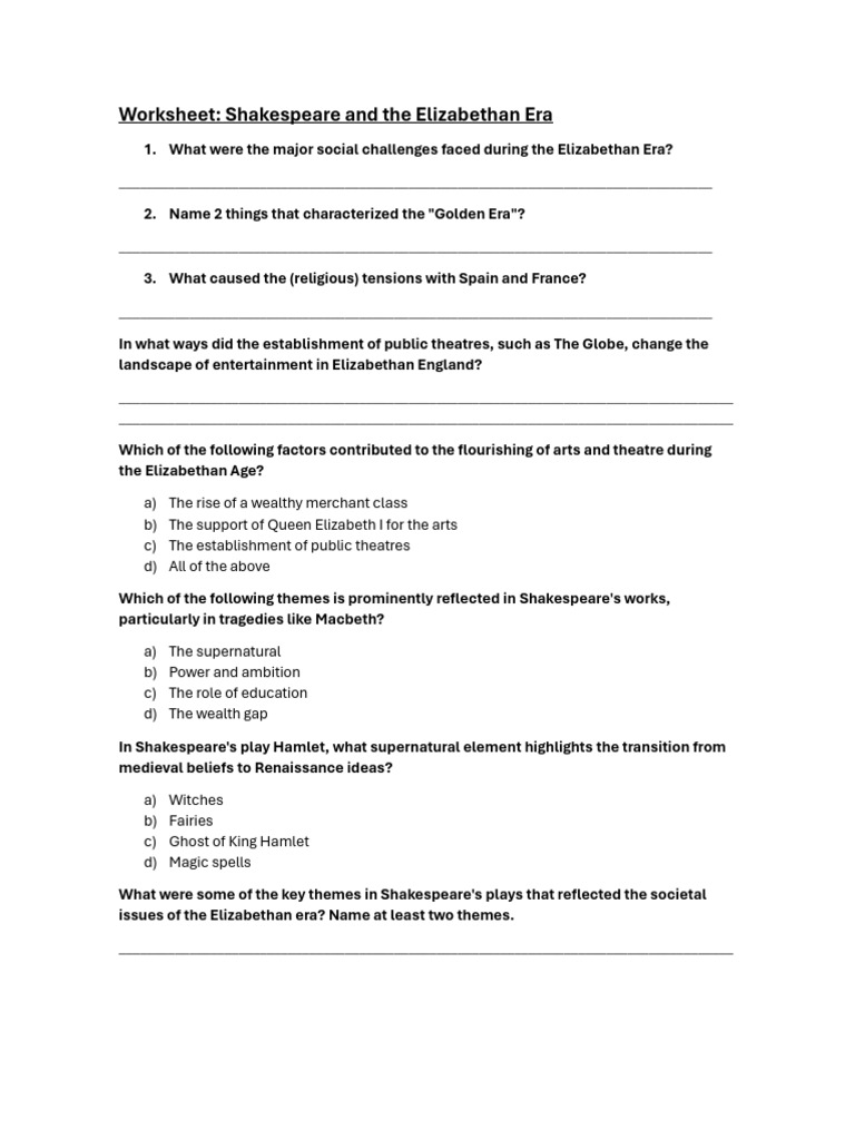 Worksheet shakespeare and the elizabethan era | PDF
