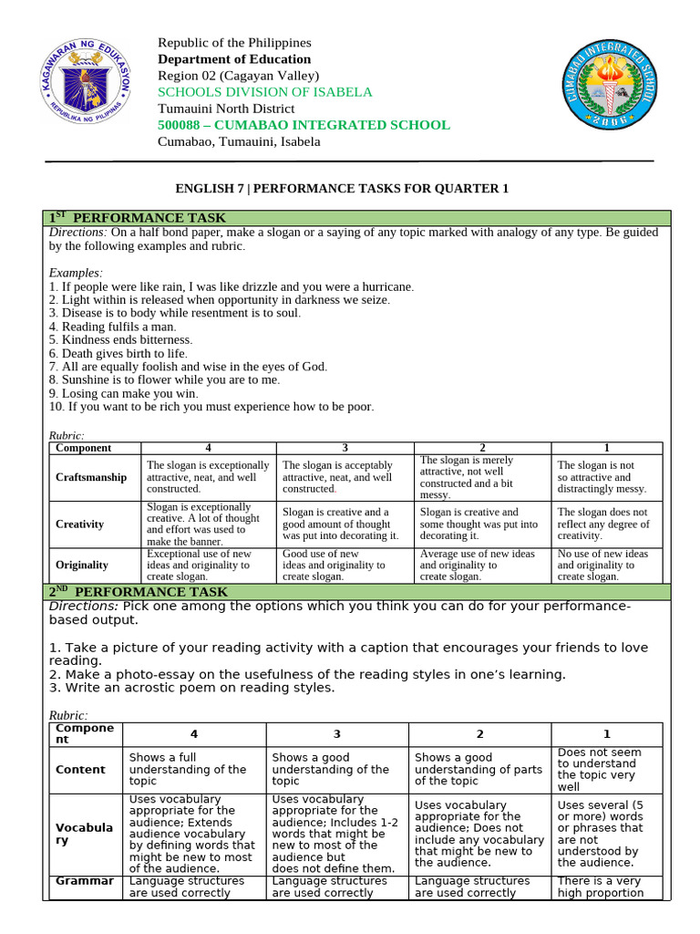 English 7 Performance Tasks Guide | PDF | Vocabulary | Language Arts ...