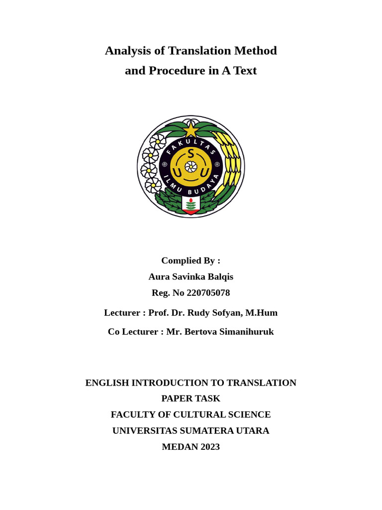 Analysis of Translation Method and Procedure Paper, Aura Savinka Balqis - 220705078 | PDF