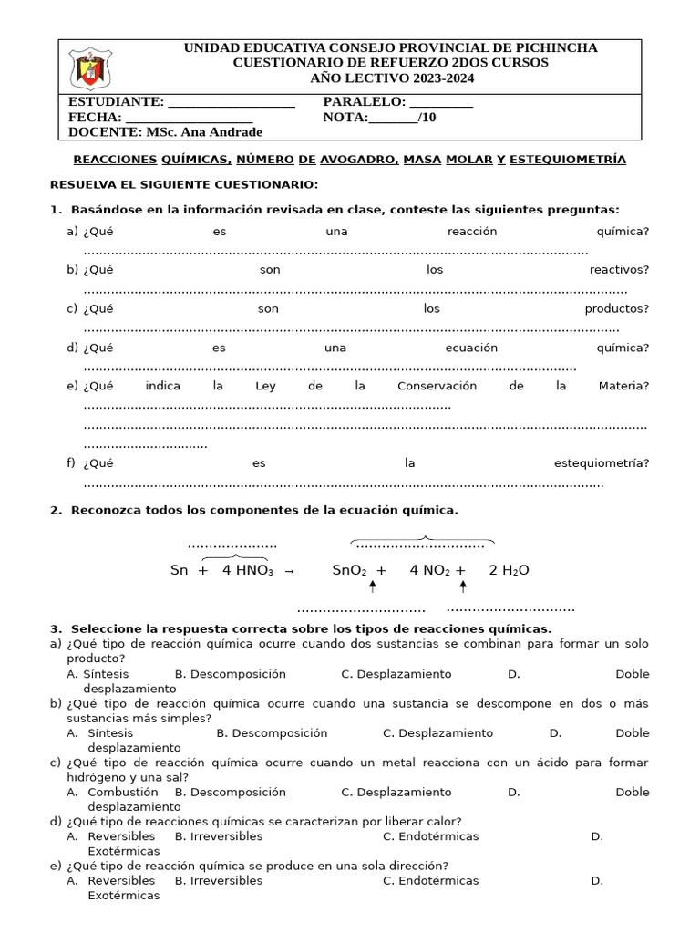 Cuestionario de Refuerzo y Estequiometría T3 | PDF | Reacciones ...