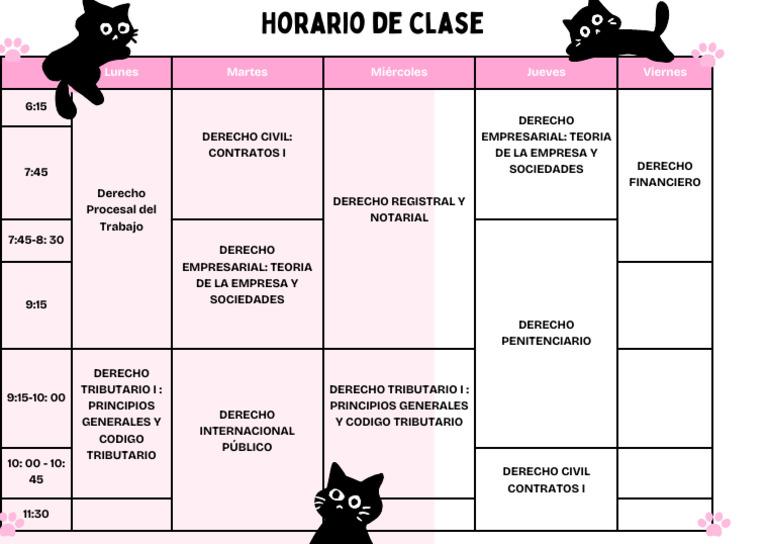 Documento A4 Horario Escolar Gatos Kawaii Rosa Negro | PDF