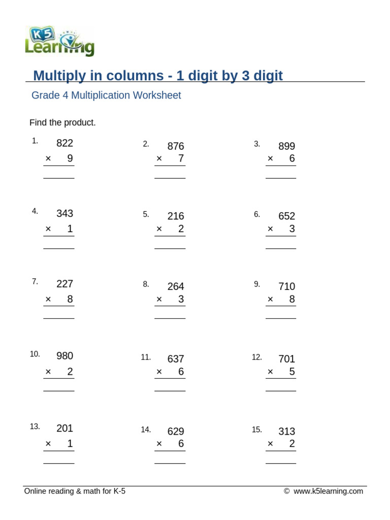 Grade 4 Multiply Columns 1 Digit 3 Digit A | PDF
