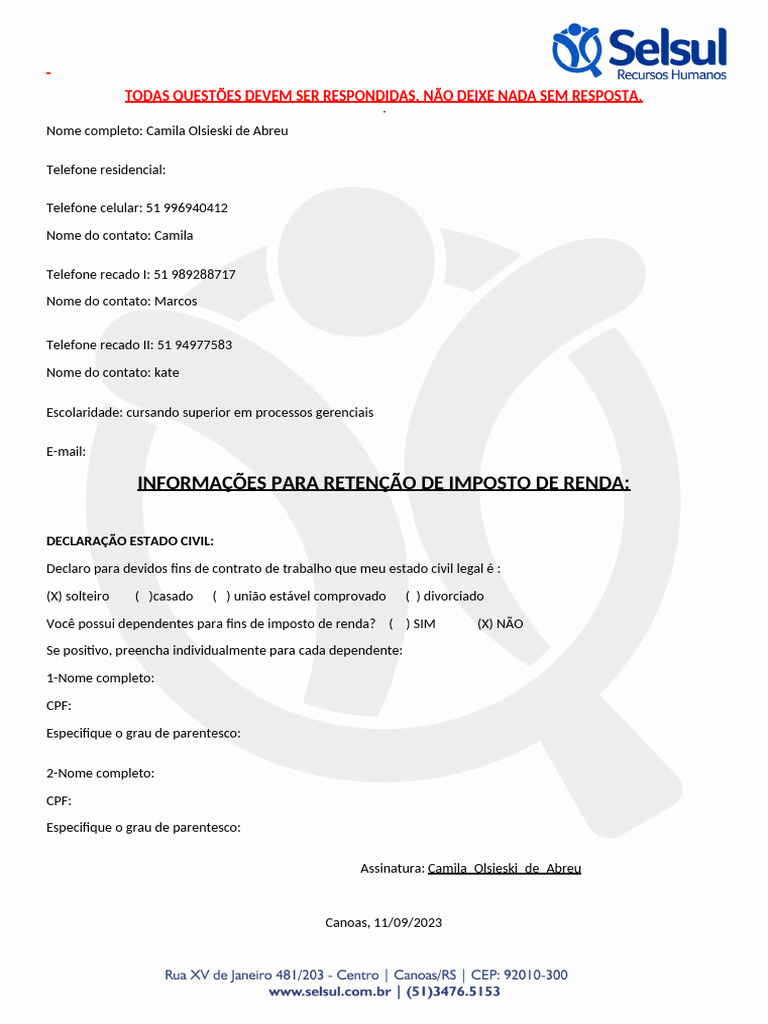 Cópia de QUESTIONÁRIO SELSUL - Docx 2 | PDF