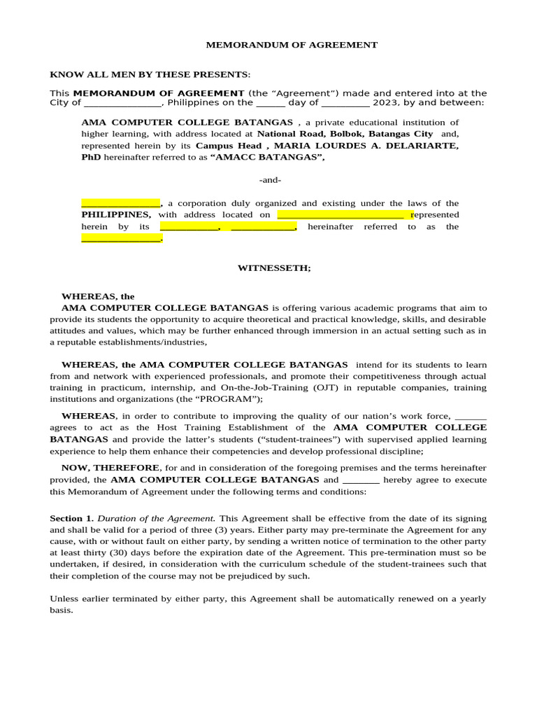 Ojt Moa Draft Template 2023 | PDF