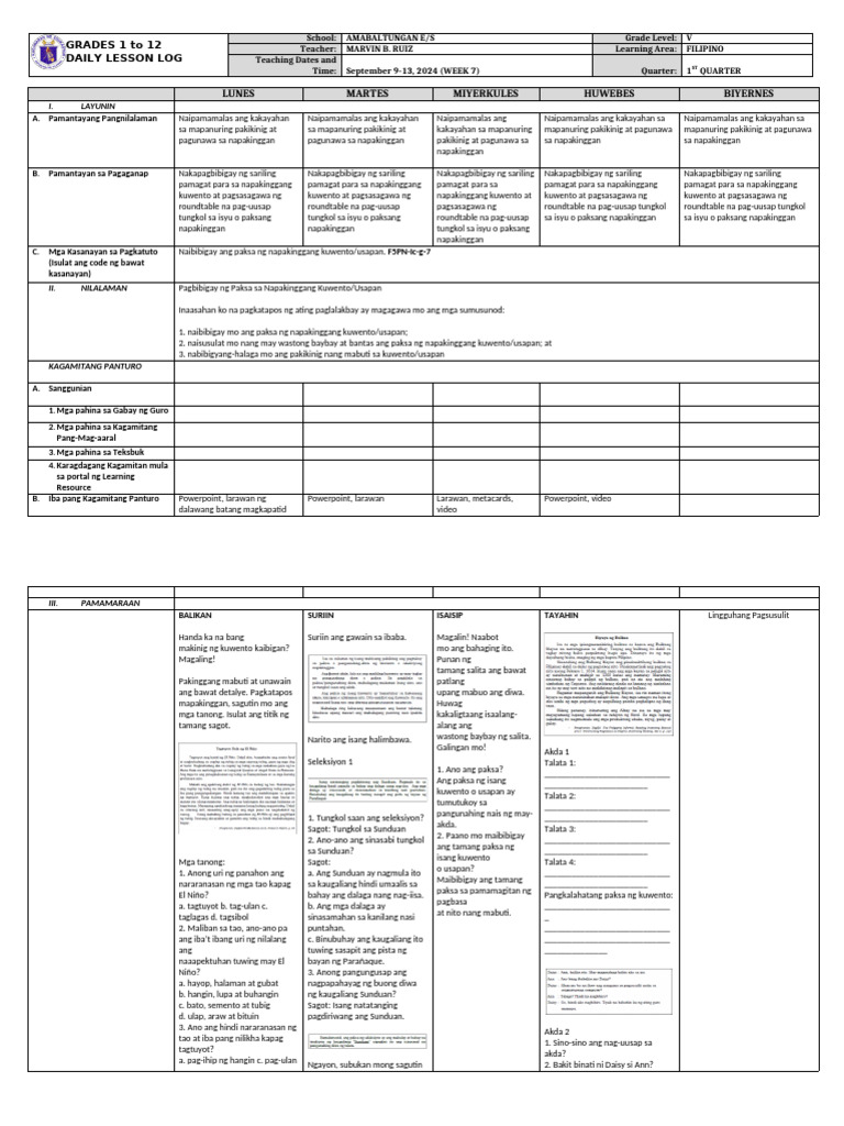 DLL - Filipino 5 - Q1 - W7 | PDF
