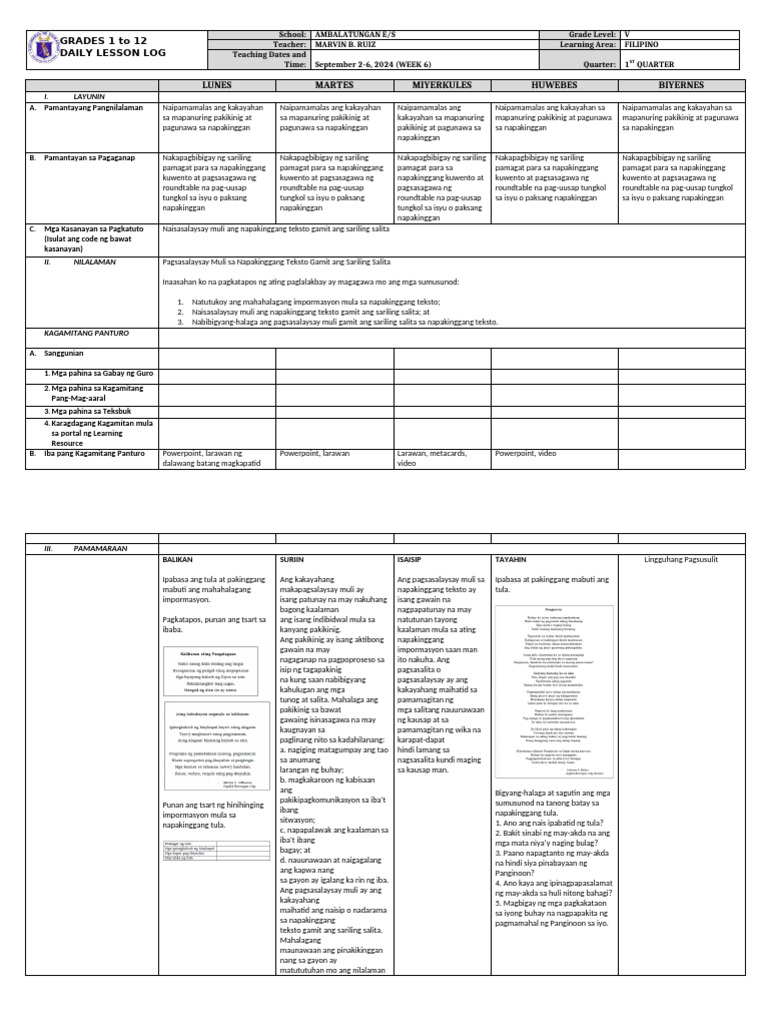 DLL - Filipino 5 - Q1 - W6 | PDF