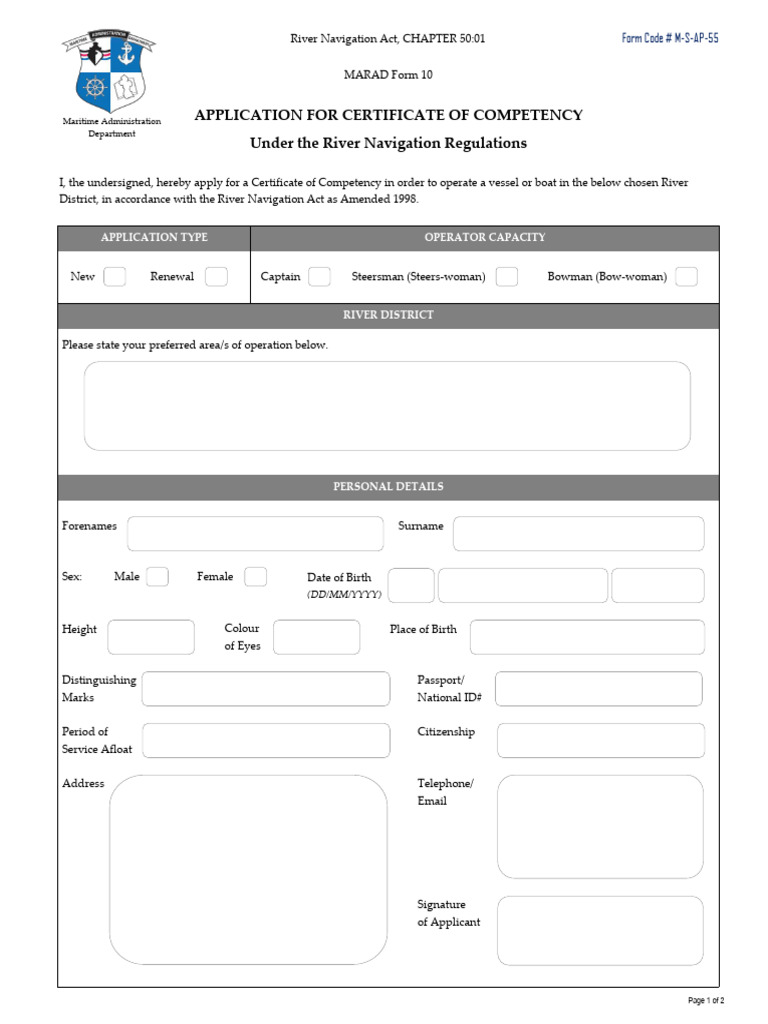 MARAD Form10 Application For Certificate of Competency River Navigation | PDF