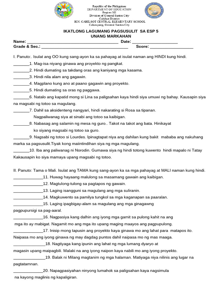 IKATLONG LAGUMANG PAGSUSULIT SA ESP 5 | PDF