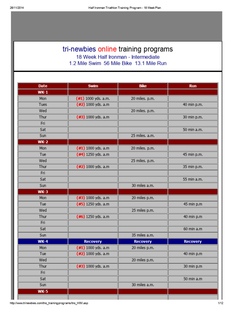 Half Ironman Triathlon Training Program - 18 Week Plan | PDF