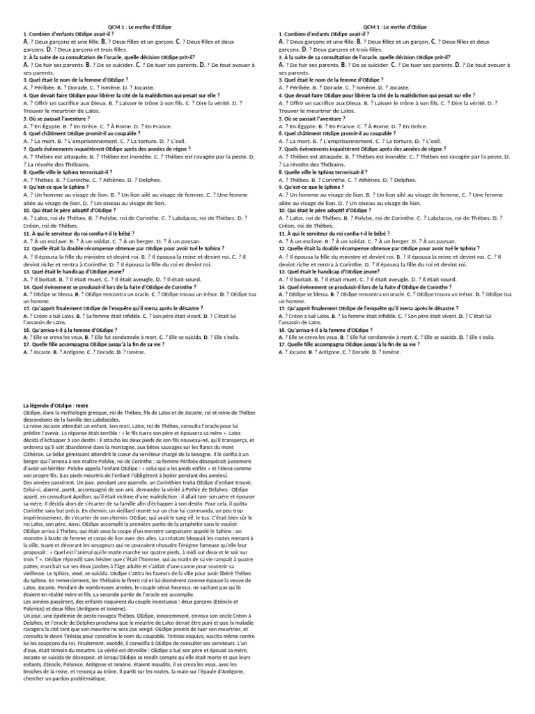 QCM 1 Le Mythe D'oedipe | PDF