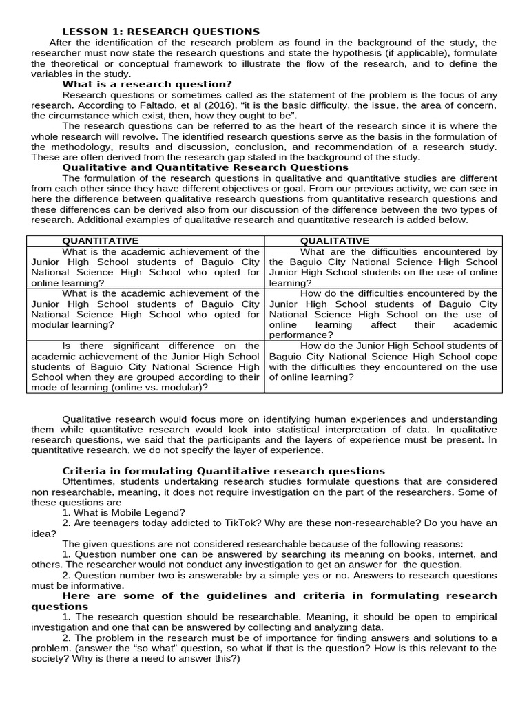 Lesson 5 Research Question | PDF