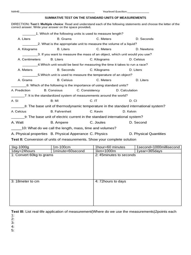 Stadard Unit Summative Test | PDF | Measurement | Litre