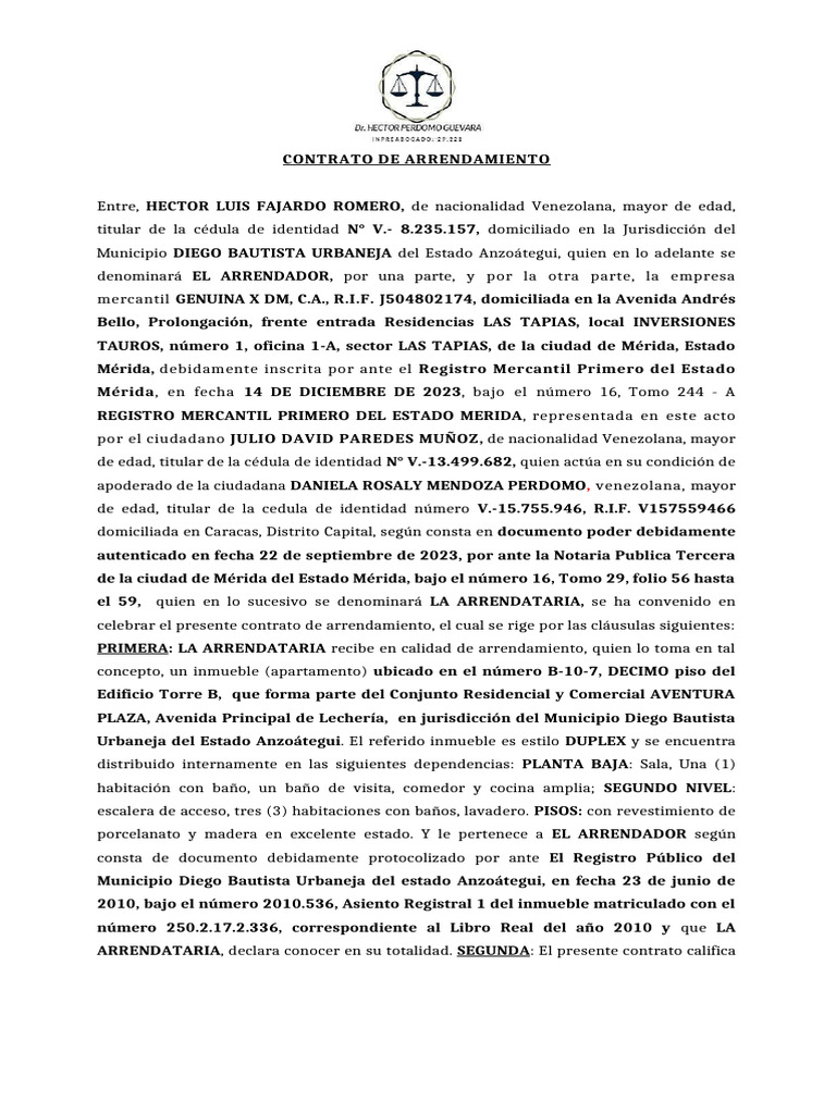 Borrador Arrendamiento Hector Fajardo Agosto 2024 | PDF Borrador Arrendamiento Hector Fajardo Agosto 2024 | PDF