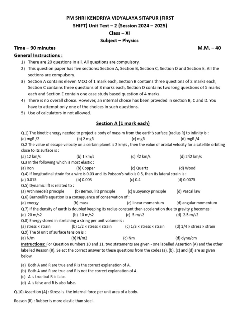 XI SAMPLE PAPER UT-2 Physics | PDF