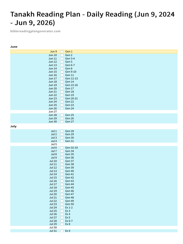 Tanakh Reading Plan - Daily Reading (Jun 9, 2024 - Jun 9, 2026) - Bible Reading Plan Generator | PDF